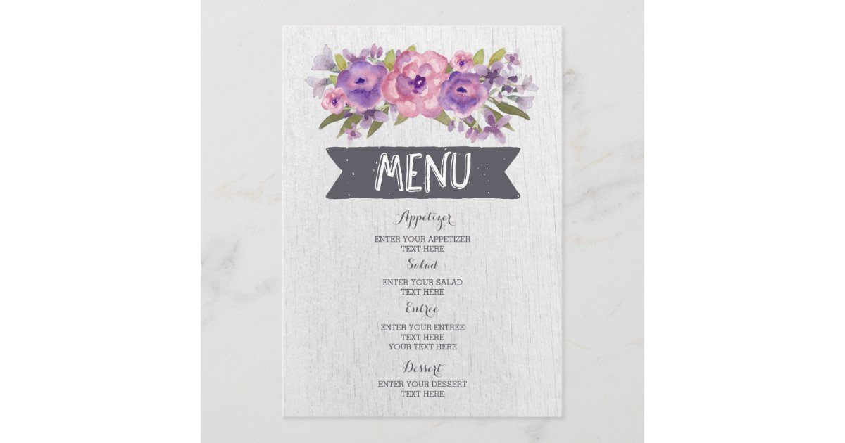 Vintage Purple Watercolor Flowers Wedding Menu | Zazzle