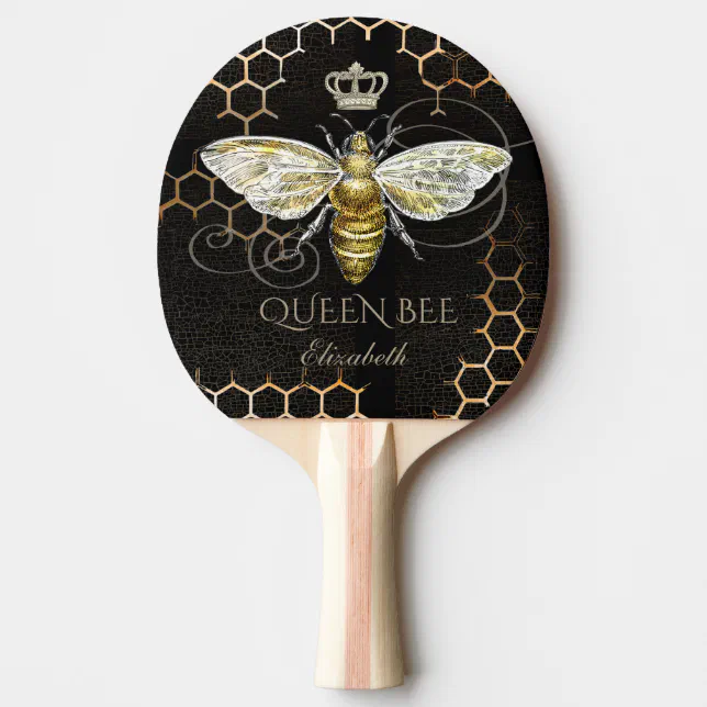 Vintage Queen Bee Royal Crown Custom Name Black Ping Pong Paddle | Zazzle