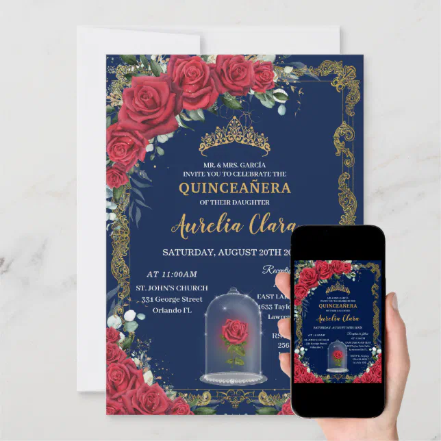 Vintage Quinceañera Enchanted Red Rose Navy Blue Invitation | Zazzle