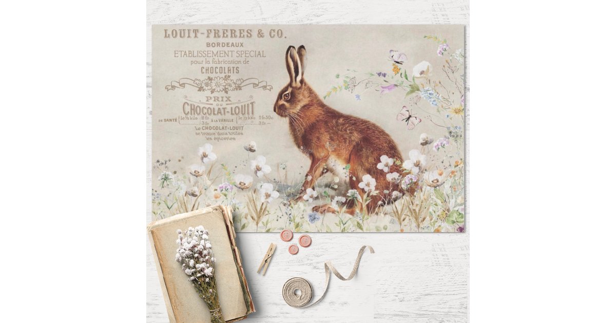 Vintage Rabbit and Wildflowers Decoupage Tissue Paper | Zazzle