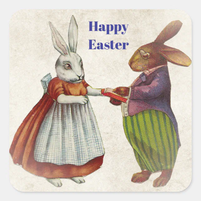 Vintage Rabbit Couple in Victorian Clothing Square Sticker | Zazzle