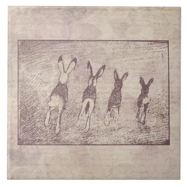 Vintage Rabbits Bunny Art & Floral Flower Script Ceramic Tile | Zazzle