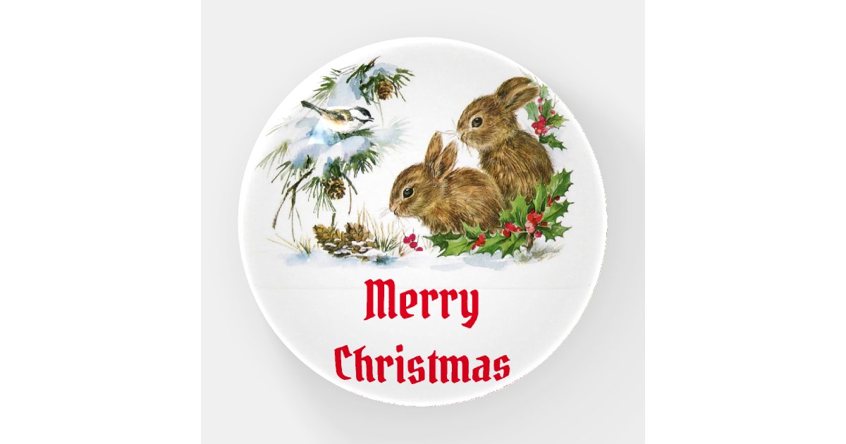Vintage Rabbits Merry Christmas Paperweight | Zazzle