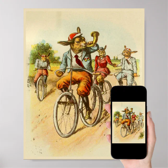 Vintage Rabbits Riding Bicycles Illustration Poster | Zazzle