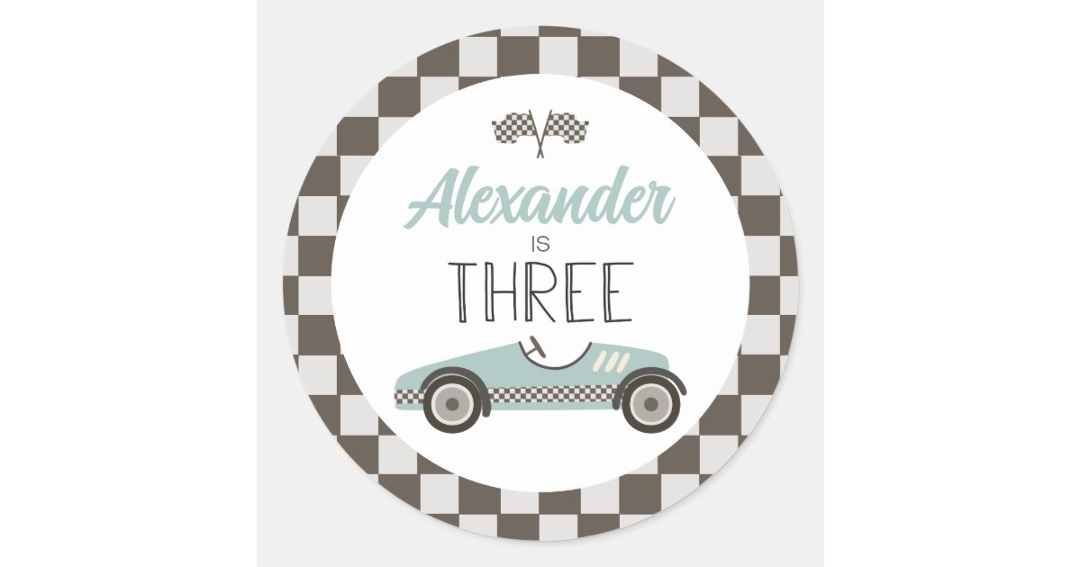 Vintage Race Car Three Birthday Classic Round Sticker | Zazzle
