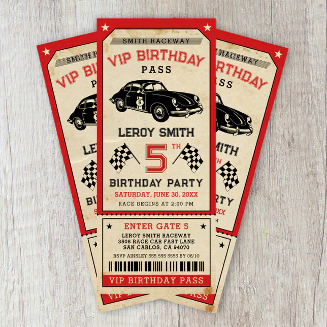 Vintage Race Car Ticket Pass Boy Birthday Party Invitation | Zazzle