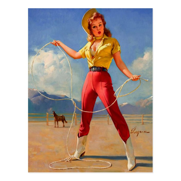 Vintage Ranch Western Pin up girl Postcard | Zazzle.com