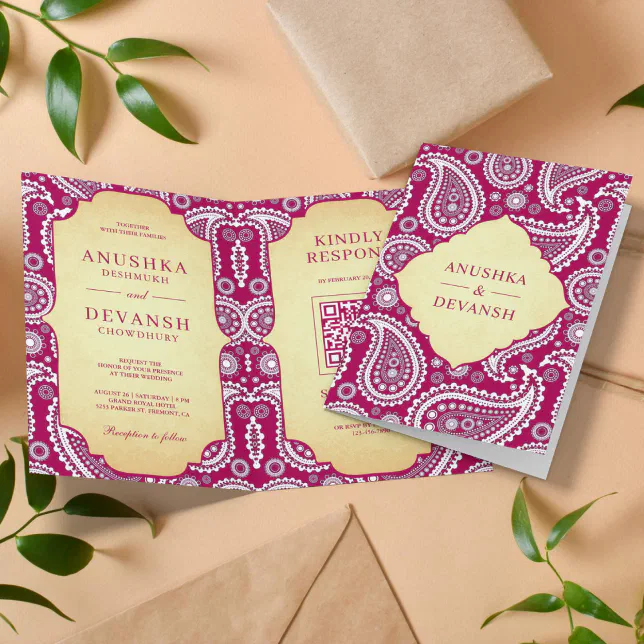 Vintage Rani Pink Paisley Indian QR Code Wedding Invitation | Zazzle