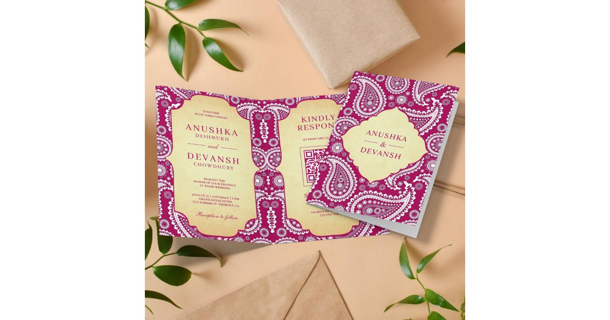 Vintage Rani Pink Paisley Indian QR Code Wedding Invitation | Zazzle