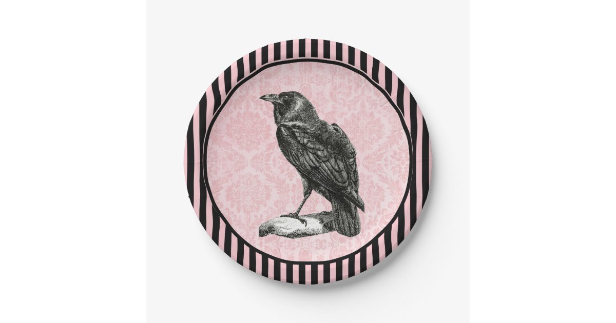 Vintage Raven | Crow on Pink Damask | Halloween Paper Plates | Zazzle