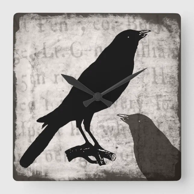 Vintage Raven Goth Collage Customized Birds Crow Square Wall Clock | Zazzle