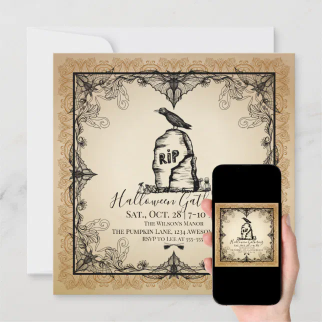 Vintage Raven Gravestone Halloween Party Invitation | Zazzle