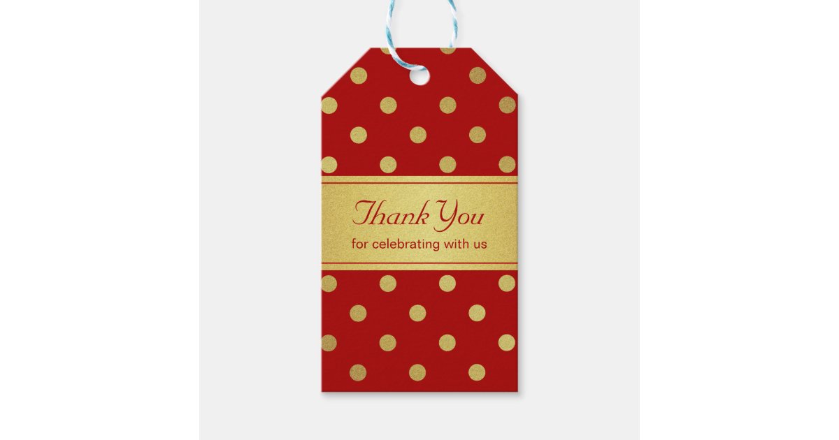 Vintage Red and Gold Glitter Polka Dots Thank You Gift Tags | Zazzle