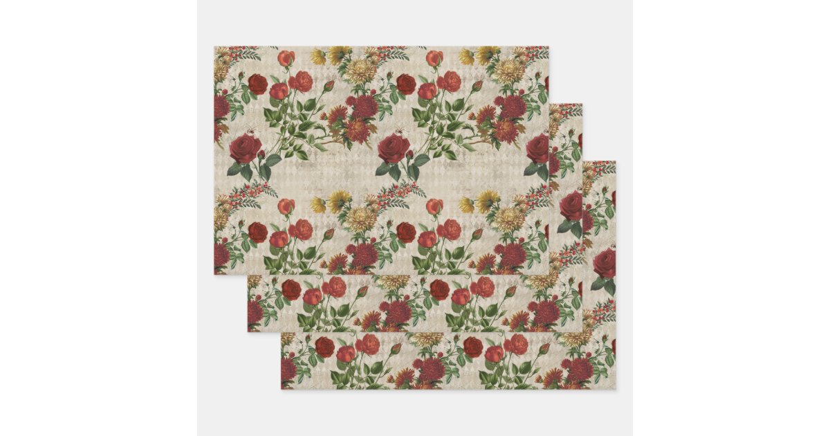 Vintage Red and Yellow Floral Wrapping Paper Sheets | Zazzle
