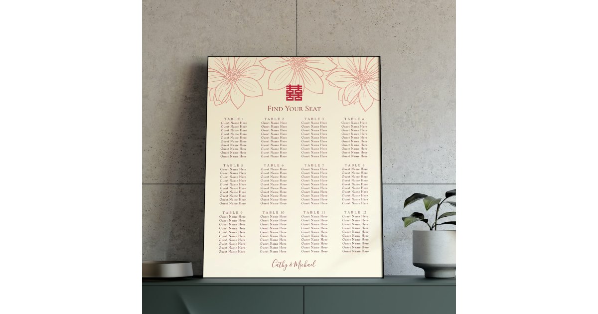 Vintage red beige floral Chinese wedding seating Foam Board | Zazzle