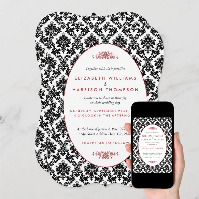 Vintage Red, Black & White Damask Wedding Invitation | Zazzle