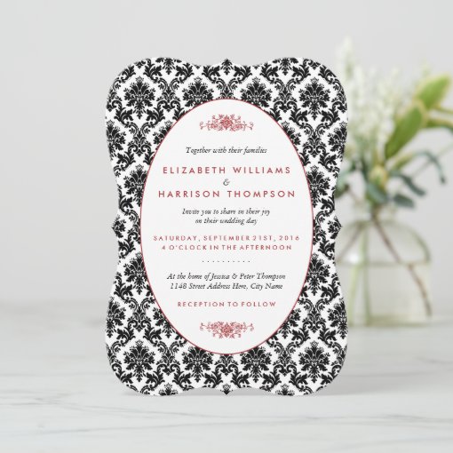 Vintage Red, Black & White Damask Wedding Invitation | Zazzle