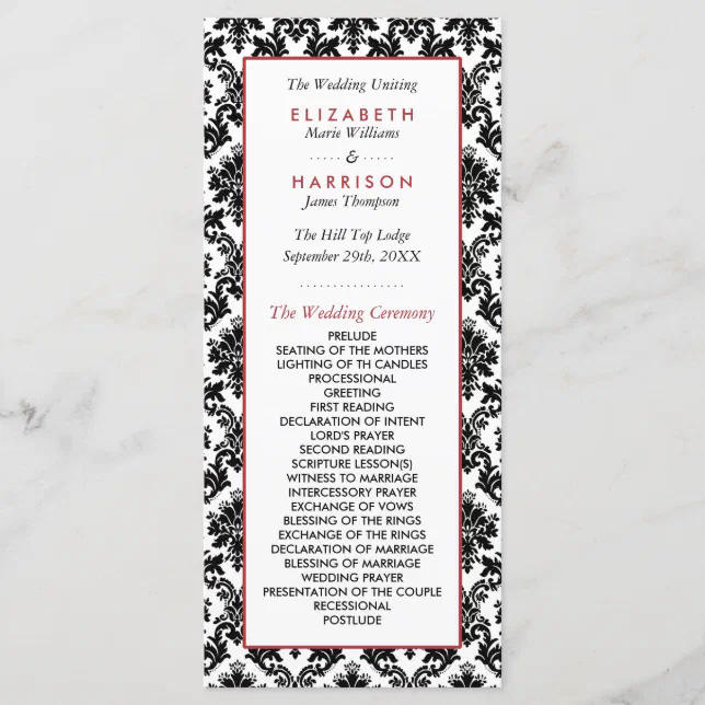 Vintage Red, Black & White Damask Wedding Program | Zazzle