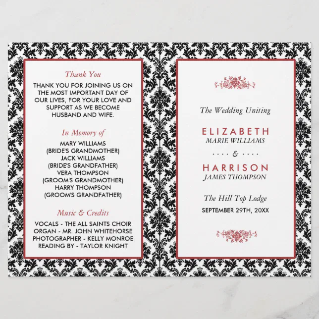 Vintage Red, Black & White Damask Wedding Program | Zazzle