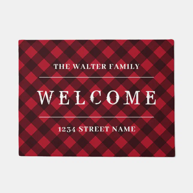 Vintage red buffalo plaid custom family welcome doormat | Zazzle