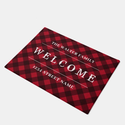 Vintage red buffalo plaid custom family welcome doormat | Zazzle