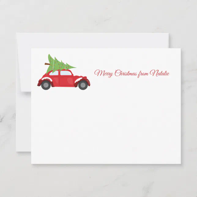 Vintage Red Car and Christmas Tree Merry Christmas Note Card | Zazzle
