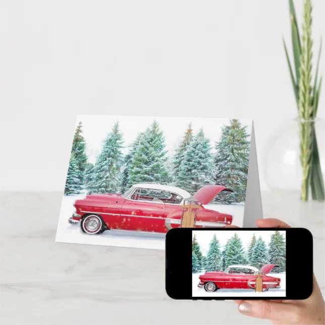 Vintage Red Car Christmas Card | Zazzle