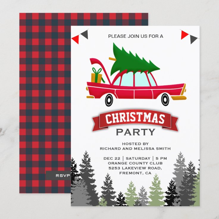 Vintage Red Car Christmas Party Invitation | Zazzle