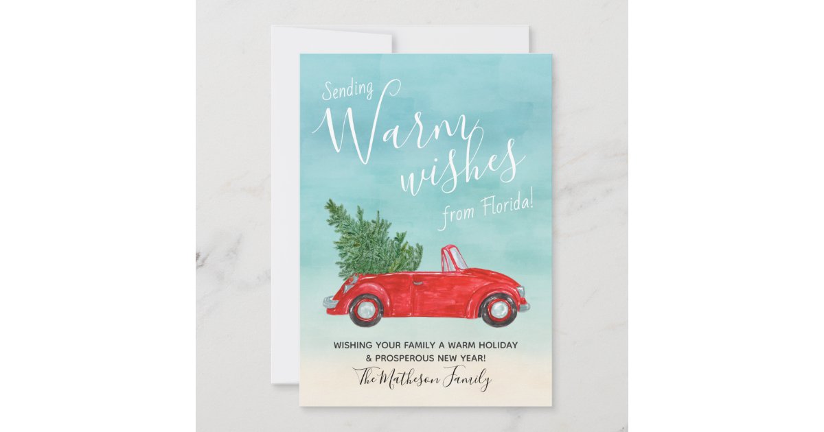 Vintage Red Car Christmas Tropical Warm Wishes Holiday Card | Zazzle