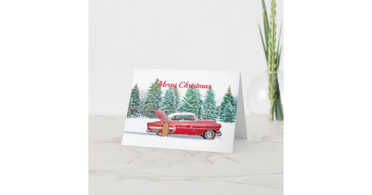 Vintage Red Car Snow Sled Christmas Holiday Card | Zazzle