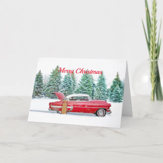 Vintage Red Car Snow Sled Christmas Holiday Card | Zazzle