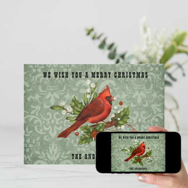 Vintage Red Cardinal Bird Merry Christmas Holiday Card | Zazzle