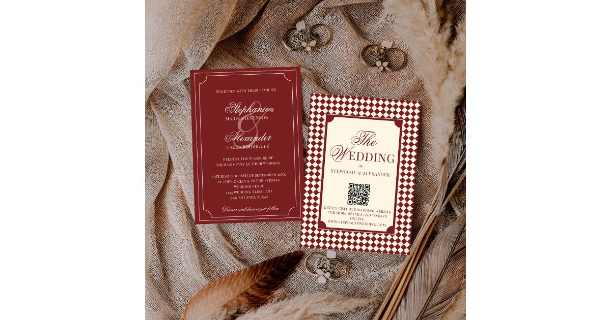 Vintage Red Checkered Old Money QR Code Wedding Invitation | Zazzle