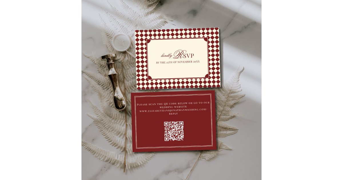 Vintage Red Checkered Old Money QR Code Wedding RSVP Card | Zazzle