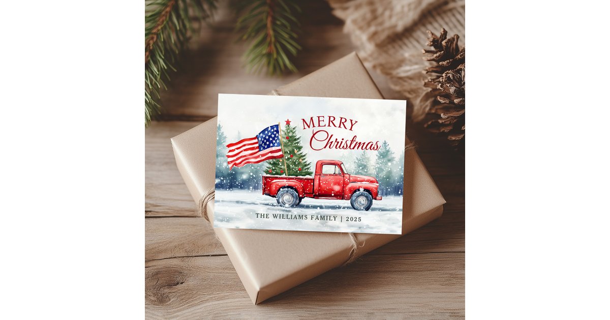 Vintage Red Christmas Truck Christmas Tree Flag Holiday Postcard | Zazzle