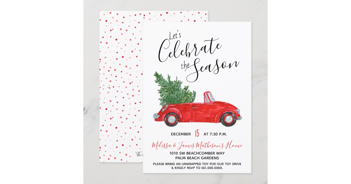 Vintage Red Convertible Car Holiday Party Invitation | Zazzle
