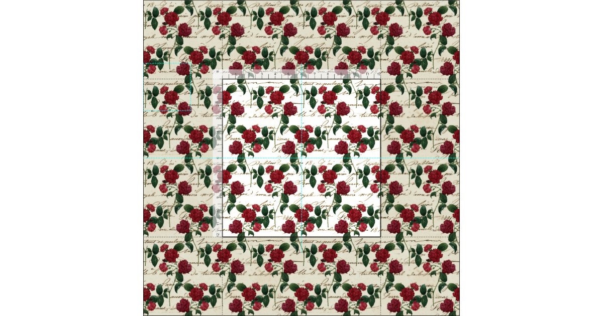 Vintage Red Flowers and Cursive Writing on Ivory Fabric | Zazzle