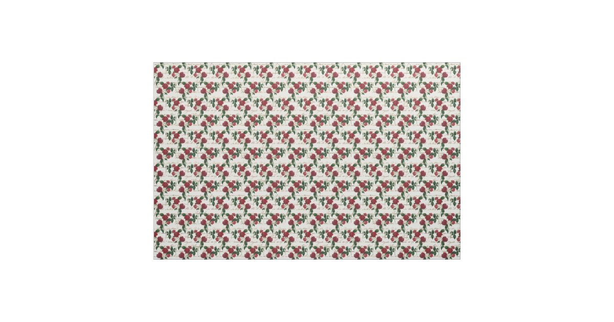 Vintage Red Flowers and Cursive Writing on Ivory Fabric | Zazzle