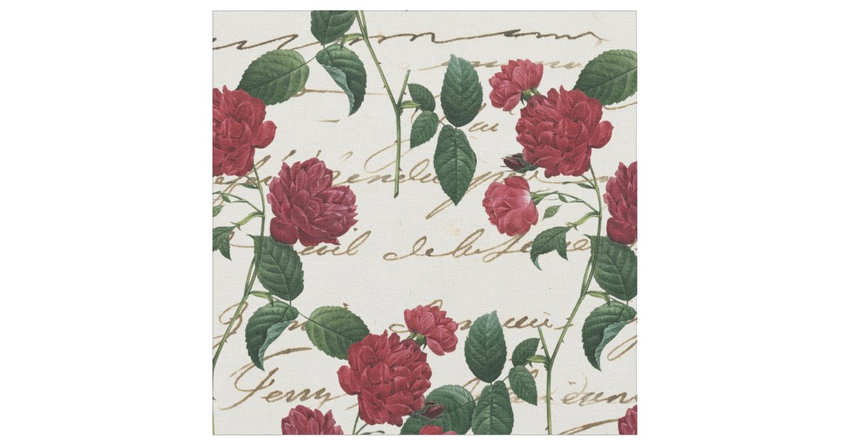 Vintage Red Flowers and Cursive Writing on Ivory Fabric | Zazzle