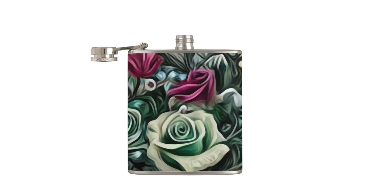 Vintage Red & Green Roses Flask | Zazzle