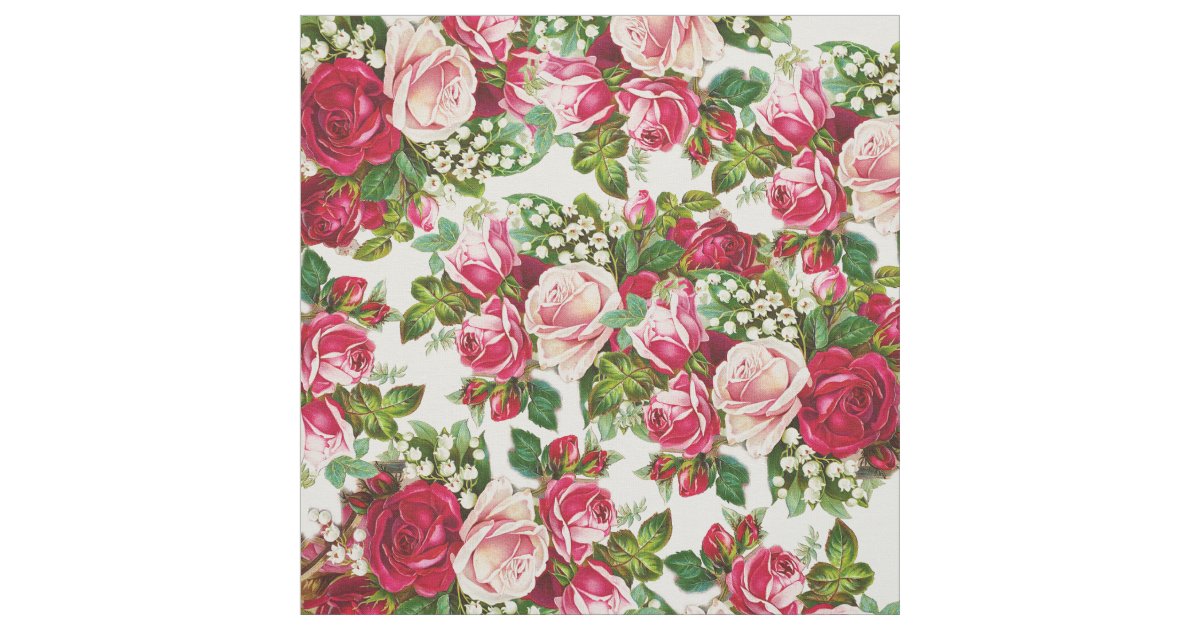 Vintage red pastel pink roses botanical flowers fabric | Zazzle