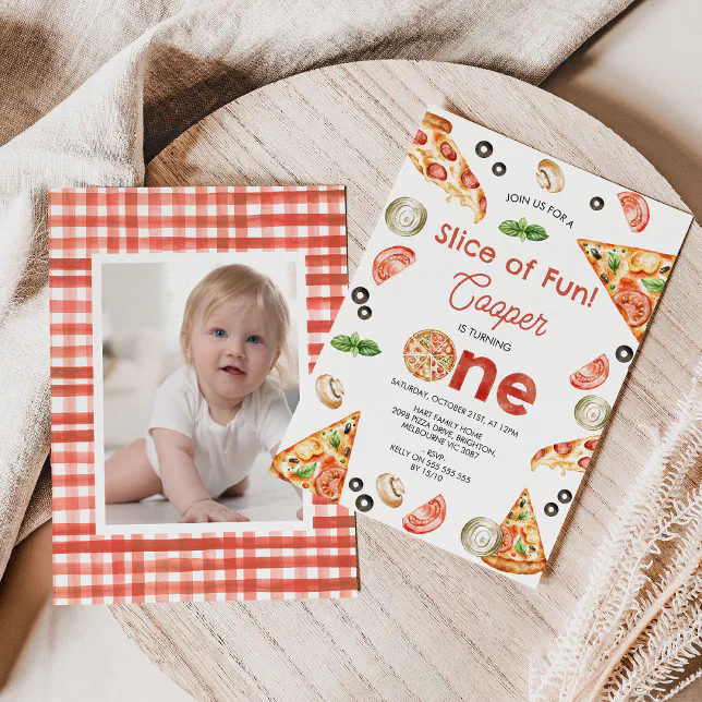 Vintage Red Photo Pizza Slice Of Fun 1st Birthday Invitation | Zazzle