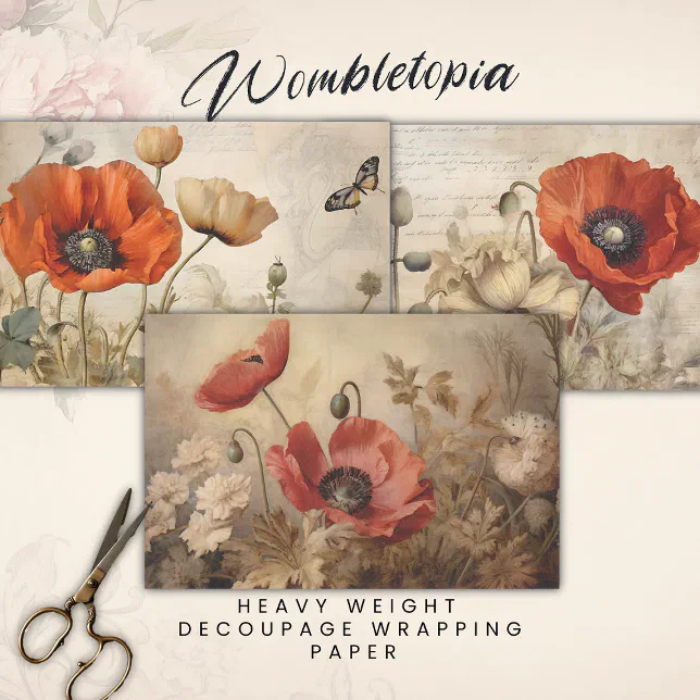 Vintage Red Poppies Decoupage Paper Set | Zazzle