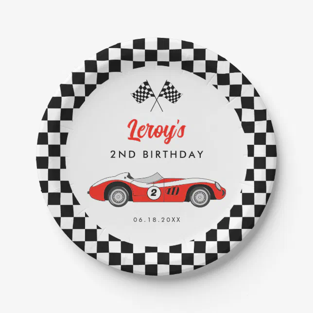 Vintage Red Race Car Boy 2nd Birthday Party Paper Plates | Zazzle