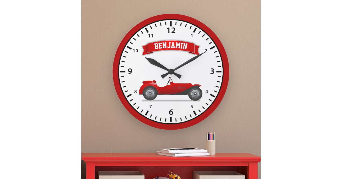 Vintage Red Race Car Personalized Name Kids Room Large Clock | Zazzle