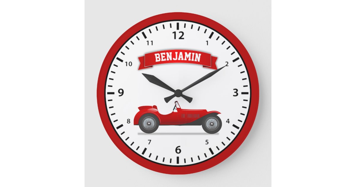 Vintage Red Race Car Personalized Name Kids Room Large Clock | Zazzle