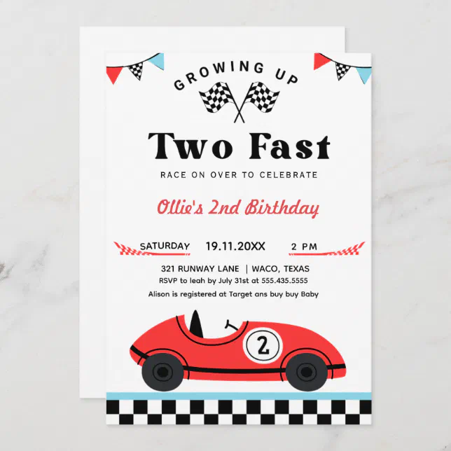 Vintage Red Race Car TWO Fast Birthday Invitation | Zazzle