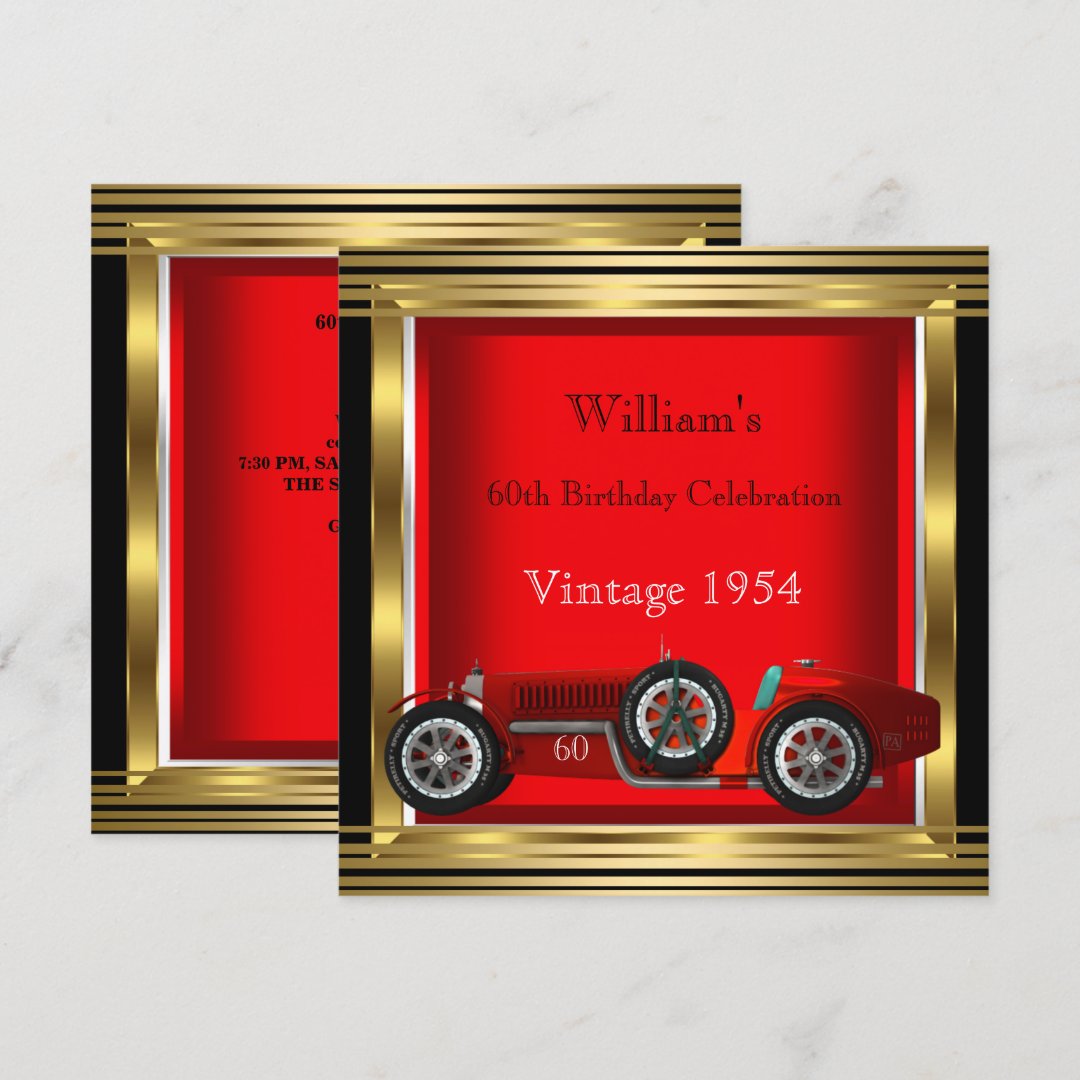 Vintage Red Racing Car Mans 60th Birthday Party 2 Invitation | Zazzle