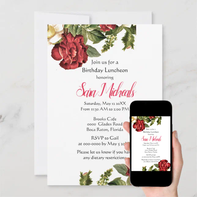 Vintage Red Rose Birthday Lunch Invitation | Zazzle