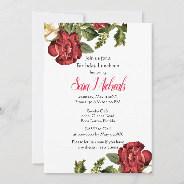 Vintage Red Rose Birthday Lunch Invitation | Zazzle